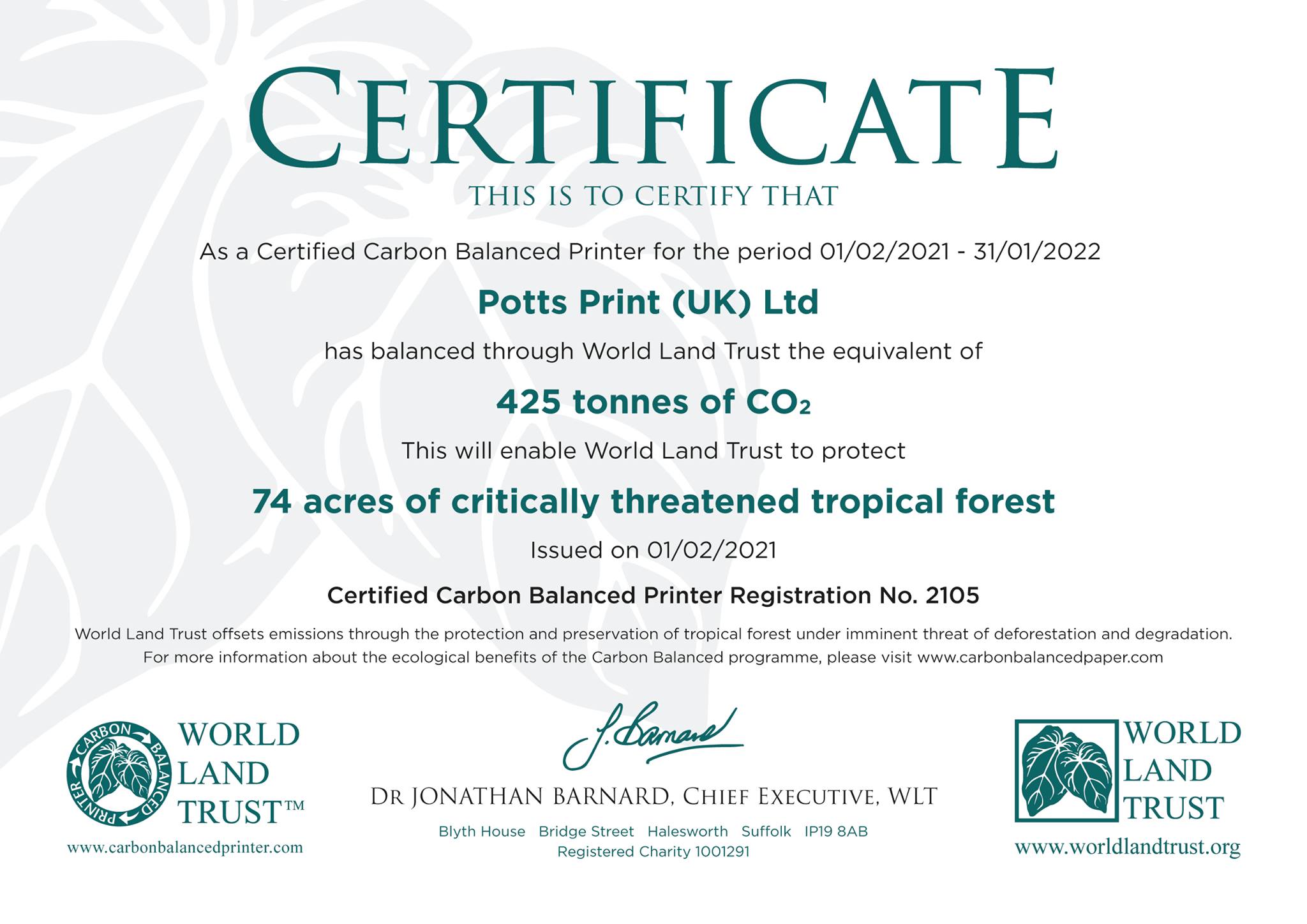 Potts Print certified by World Land Trust - Digital Printer